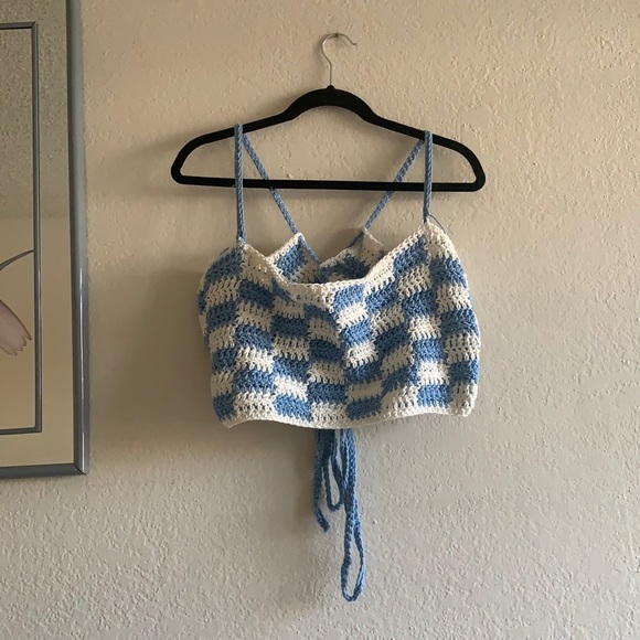 Vintage | Tops | Lxl Crochet Blue White Checkered Tank Top With ...